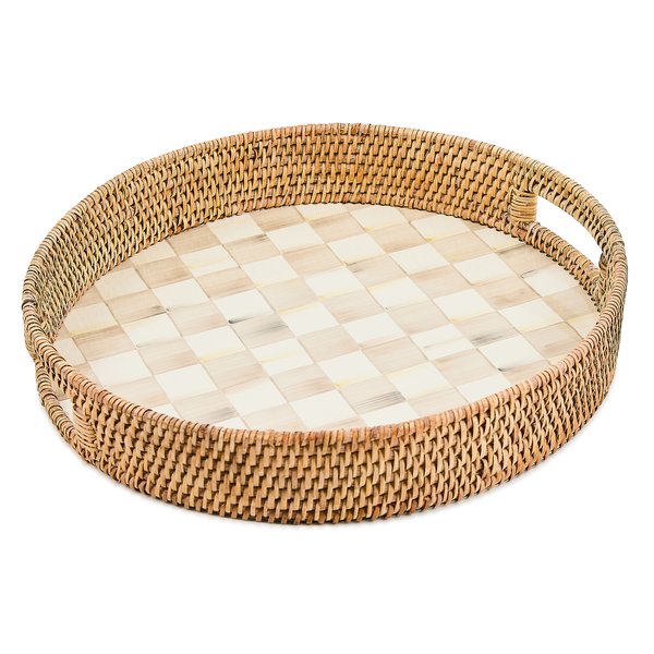 mocha check enamel & rattan round serving tray - MISI HOME